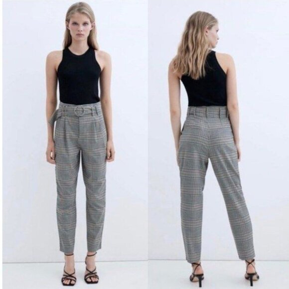 Zara | Pants & Jumpsuits | Zara Trf Collection Brown Black Plaid Belted ...
